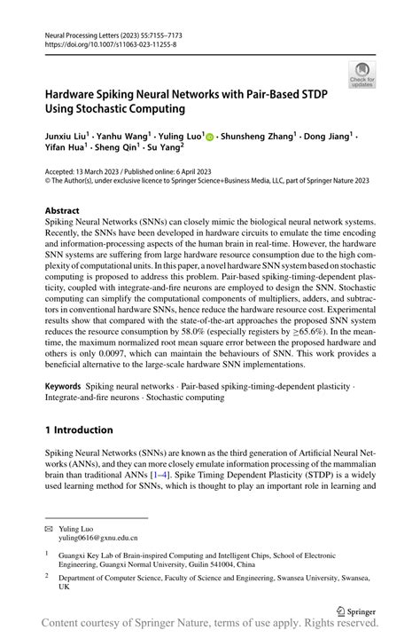 Hardware Spiking Neural Networks With Pair Based Stdp Using Stochastic