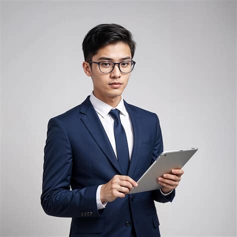 A Man In Suit Holding Tablet And Smile Premium Ai Generated Image
