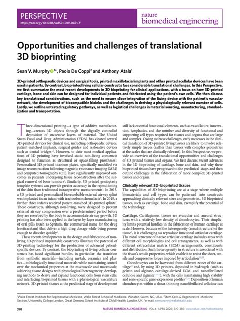 2020 Murphy Opportunities And Challenges Of Translational 3d Bioprinting Pdf Tissue