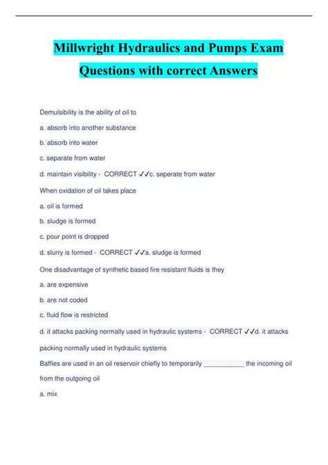 Millwright Hydraulics And Pumps Exam Questions With Correct Answers Millwright Stuvia Us