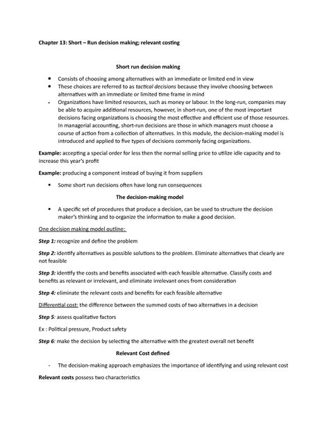 Chapter 13 Accounting Notes Chapter 13 Short Run Decision Making