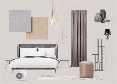 Interior Design Moodboard With Isolated Modern Bedroom Furniture Home