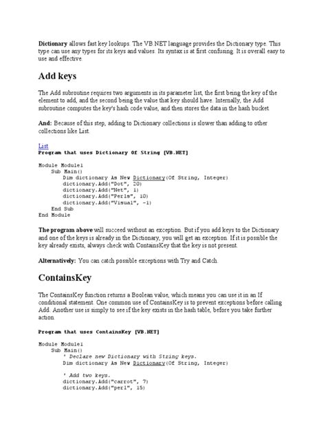 Add Keys Declare New Dictionary With String Keys Pdf Subroutine