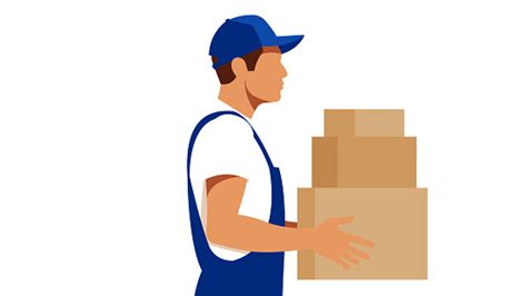 균일 한 보관 골판지 상자에 택배 음식 배달 남자 직업 배달 소포 우편 서비스 배송 온라인 구매의 개념 현대 벡터 일러스트레이션 일러스트레이션에 대한 스톡 벡터 아트 및
