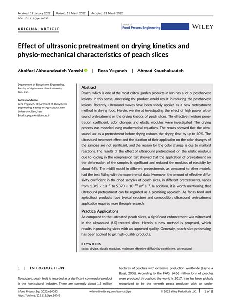 Pdf Effect Of Ultrasonic Pretreatment On Drying Kinetics And Physio