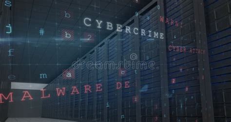 Image Of Cyber Attack Warning With Letters And Numbers Over Server Room Stock Image Image Of