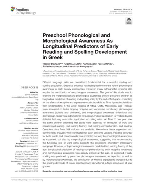 Pdf Preschool Phonological And Morphological Awareness As Longitudinal Predictors Of Early