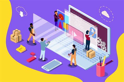 웹 문자 및 텍스트 장소 디자인 개념을 개발 웹 배너 인포 그래픽 영웅 이미지에 대 한 사용할 수 있습니다 등각 투영 평면 그림 개념에 대한 스톡 벡터 아트 및 기타 이미지