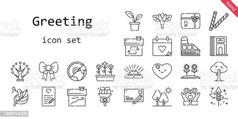 인사말 아이콘 세트입니다 라인 아이콘 스타일입니다 기프트 카드 나무 결혼식 날 리본 꽃다발 불꽃놀이 잎 집 장식 심장 꽃 금 튤립 칸막이 엽서 식물 지구 와 같은 인사 관련