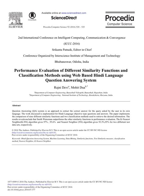 Pdf Performance Evaluation Of Different Similarity Functions And