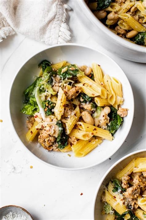 Pasta With Italian Chicken Sausage Escarole And Beans Skinnytaste
