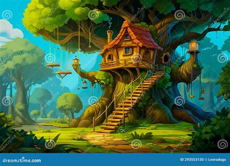An Illustration Of Tree House In The Woods Cartoon Style Stock Illustration Illustration Of