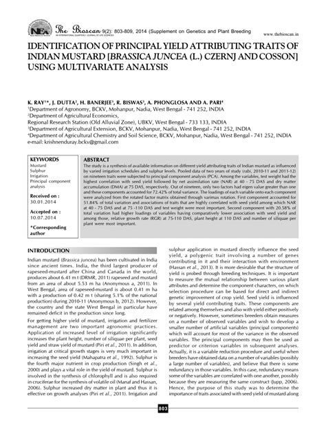 Pdf Identification Of Principal Yield Attributing Traits Of Indian Mustard Brassica Juncea L