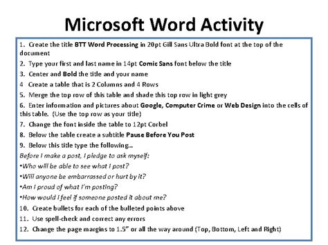 Word Processing Activity Microsoft Word Activity 1 Create