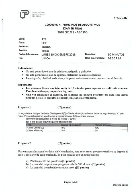 Examen FInal III Algoritmos Principios De Algoritmos Studocu