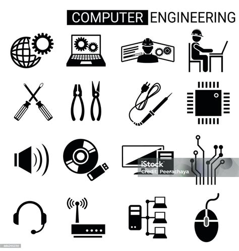 컴퓨터 기술자에 대 한 컴퓨터 공학 아이콘 디자인의 세트 공장 산업 건물에 대한 스톡 벡터 아트 및 기타 이미지 공장 산업