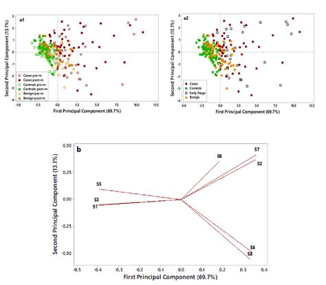 principal component analysis pca score plots a1 a2 and loading plot