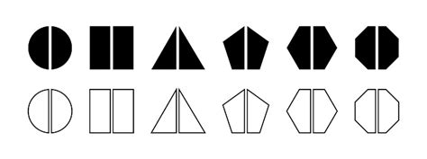 기하학적 원형 정사각형 및 삼각형 오각형 육각형 및 팔각형 모양이 2 개의 동일한 부분으로 나뉘어 있습니다 간단한 다이어그램 비즈니스 차트 템플릿 벡터 그래픽 일러스트 레이