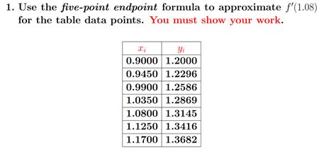 Solved 1 Use The Five Point Endpoint Formula To Approximate Chegg Com