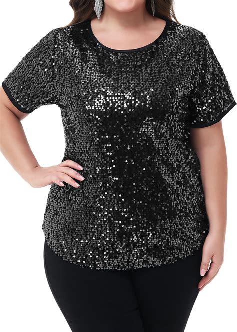 Womens Sequin Tops Plus Size Round Neck Sparkle Glitter Short Sleeve