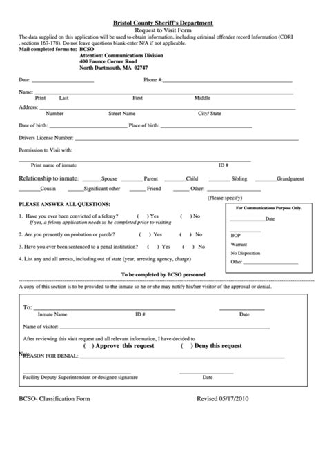 Bcso Classification Form Request To Visit Printable Pdf Download
