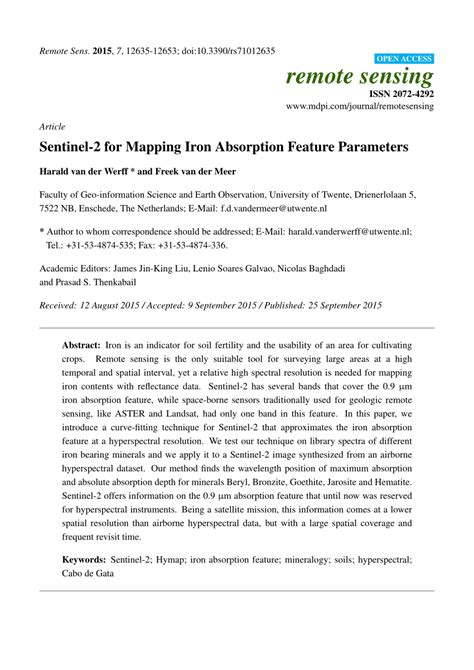 Pdf Sentinel 2 For Mapping Iron Absorption Feature Parameters