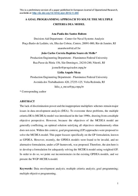 Pdf A Goal Programming Approach To Solve The Multiple Criteria Dea Model