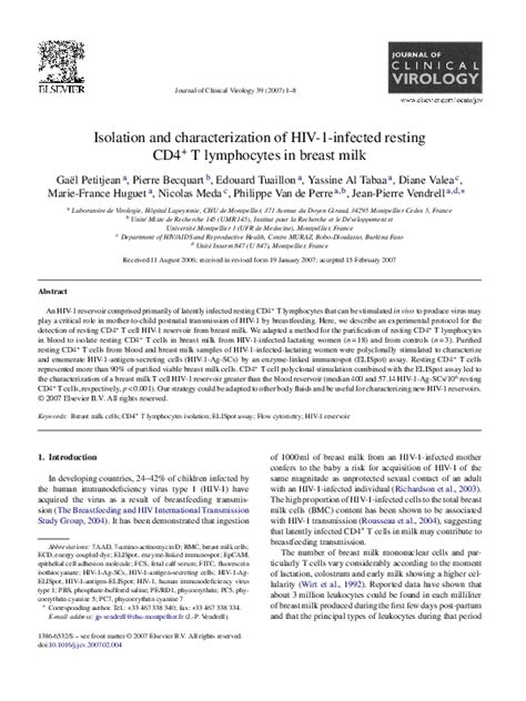 Pdf Isolation And Characterization Of Hiv 1 Infected Resting Cd4 T Lymphocytes In Breast Milk