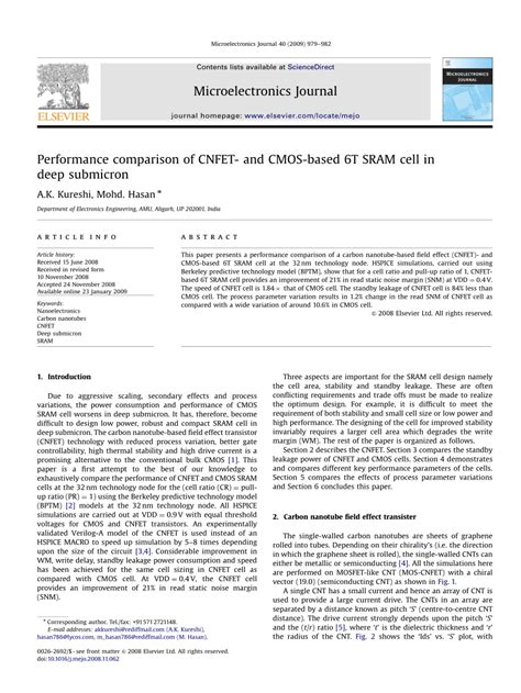 Pdf Performance Comparison Of Cnfet And Cmos Based 6t Sram Cell In