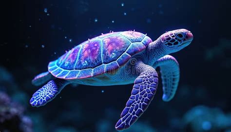 Sea Turtle Glides Through Luminous Blue Water Bioluminescent Glow