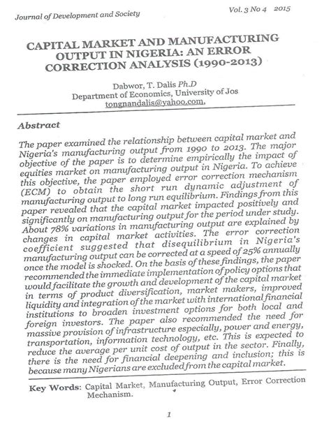 Pdf Capital Market And Manufacturing Output In Nigeria An Error Correction Analysis
