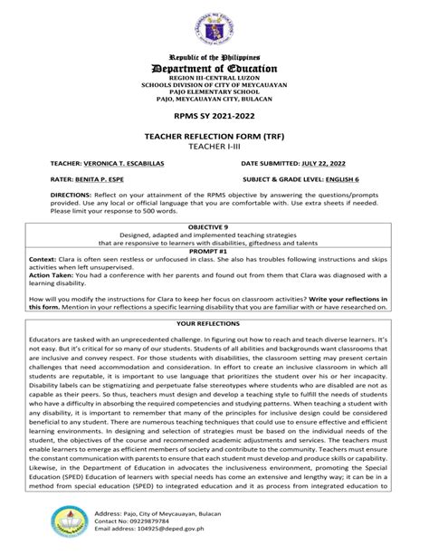 Teacher Reflection Form Inclusive Strategies