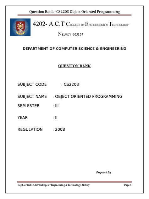 Cs 2203 Object Oriented Programming Question Bank Act Pdf
