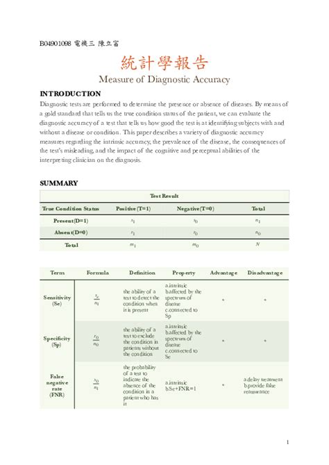 Pdf Report Of Statistics Measure Of Diagnostic Accuracy