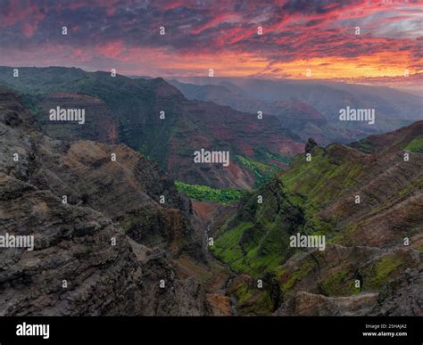 Aerial View Of Waimea Canyon At Sunset On Kauai Island Hawaii Stock