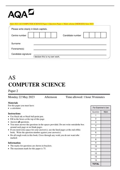 Aqa 2023 As Computer Science Paper 2 Question Paper Mark Scheme