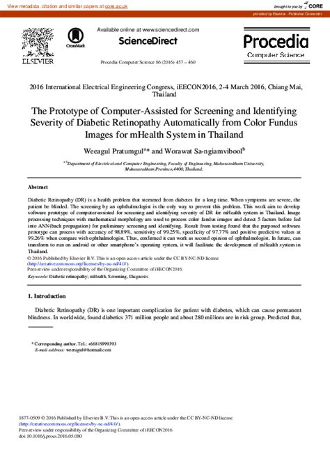 Pdf The Prototype Of Computer Assisted For Screening And Identifying Severity Of Diabetic