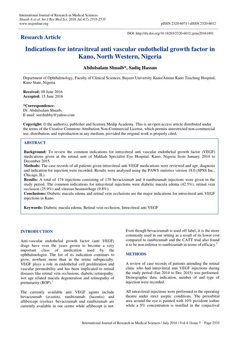 Pdf Indications For Intravitreal Anti Vascular Endothelial Growth Factor In Kano North