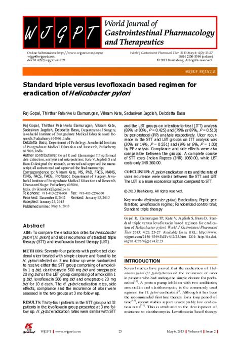 Pdf Standard Triple Versus Levofloxacin Based Regimen For Eradication
