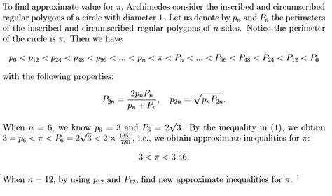Solved To Find Approximate Value For Pi Archimedes Consider Chegg Com