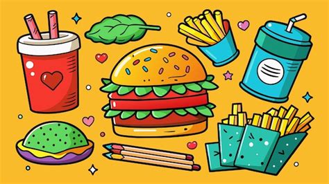 귀여운 만화 패스트푸드 캐릭터 아이콘 피자 타코 햄버거 김 감자 라멘 누들 수프 핫도그 팝콘 프리미엄 사진