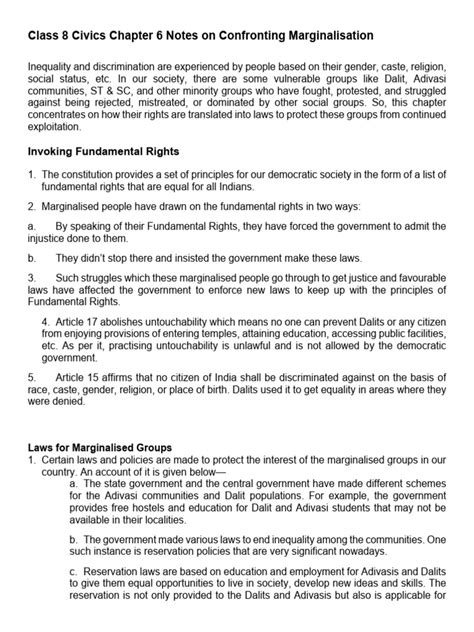 Class 8 Civics Chapter 6 Notes On Confronting Marginalisation Pdf