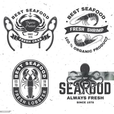 최고의 해산물 배지 세트 신선한 랍스터 문어 새우 옷을 입은 게 벡터 그림입니다 해산물 엠블럼 간판 패치 셔츠 메뉴 레스토랑 수산 시장 랍스터 문어 새우 게 가게 배지에
