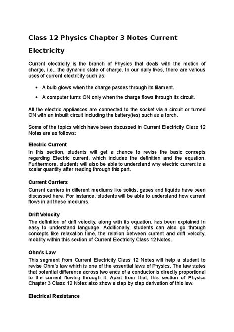 Class 12 Physics Chapter 3 Notes Current Electricity Class 12 Physics Chapter 3 Notes Current