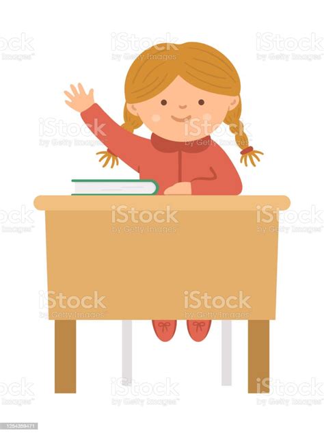 손으로 책상에 앉아 있는 귀여운 행복한 여학생 초등학교 교실 일러스트레이션 공과에서 안경을 쓴 영리한 아이 흰색 배경에 교사 질문에 대답 할 준비가 소녀 땋은 머리에 대한