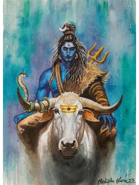 Divine Darshan Of Lord Shiva On Nandi | Watercolor On Paper | By Sudipta Sana | Exotic India Art