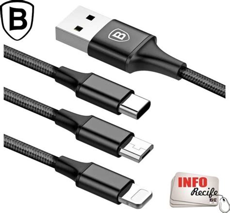 Cabo Em Lightning Micro Usb V Tipo C Mfi Preto Met Lico Baseus