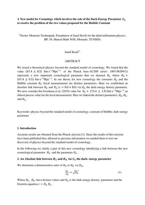 Pdf A New Model For Cosmology Which Involves The Role Of The Dark Energy Parameter Ω To