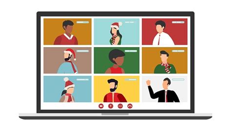 메리 크리스마스와 새해 복 많은 새해를 기원하는 사람들은 2022 년 화상 통화 또는 웹 컨퍼런스를 통해 휴일을 축하하고 선물을 제공합니다 웹 배너 포스터에 대한 플랫 벡터