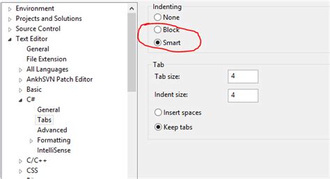 C Visual Studio 2010 Won T Auto Indent Lines Stack Overflow